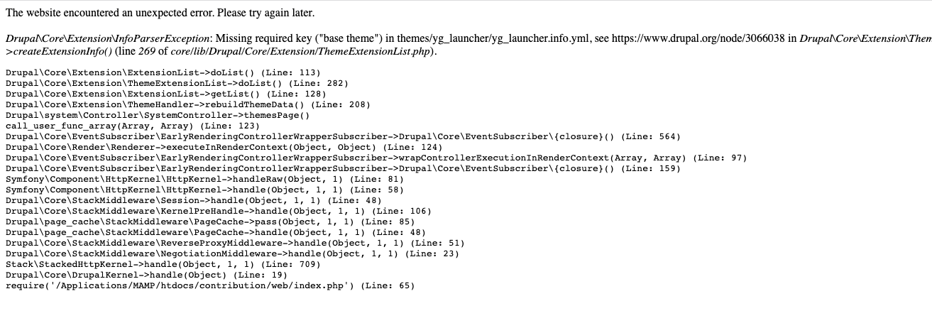 Getting Error - Missing required key base theme in yg_charity.info.yml [#3388165] | Drupal.org